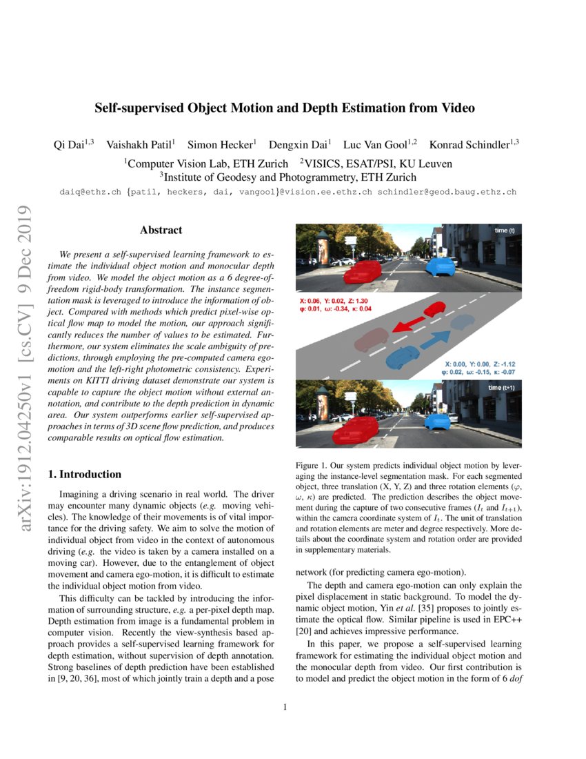 Self Supervised Object Motion And Depth Estimation From Video Deepai 9241