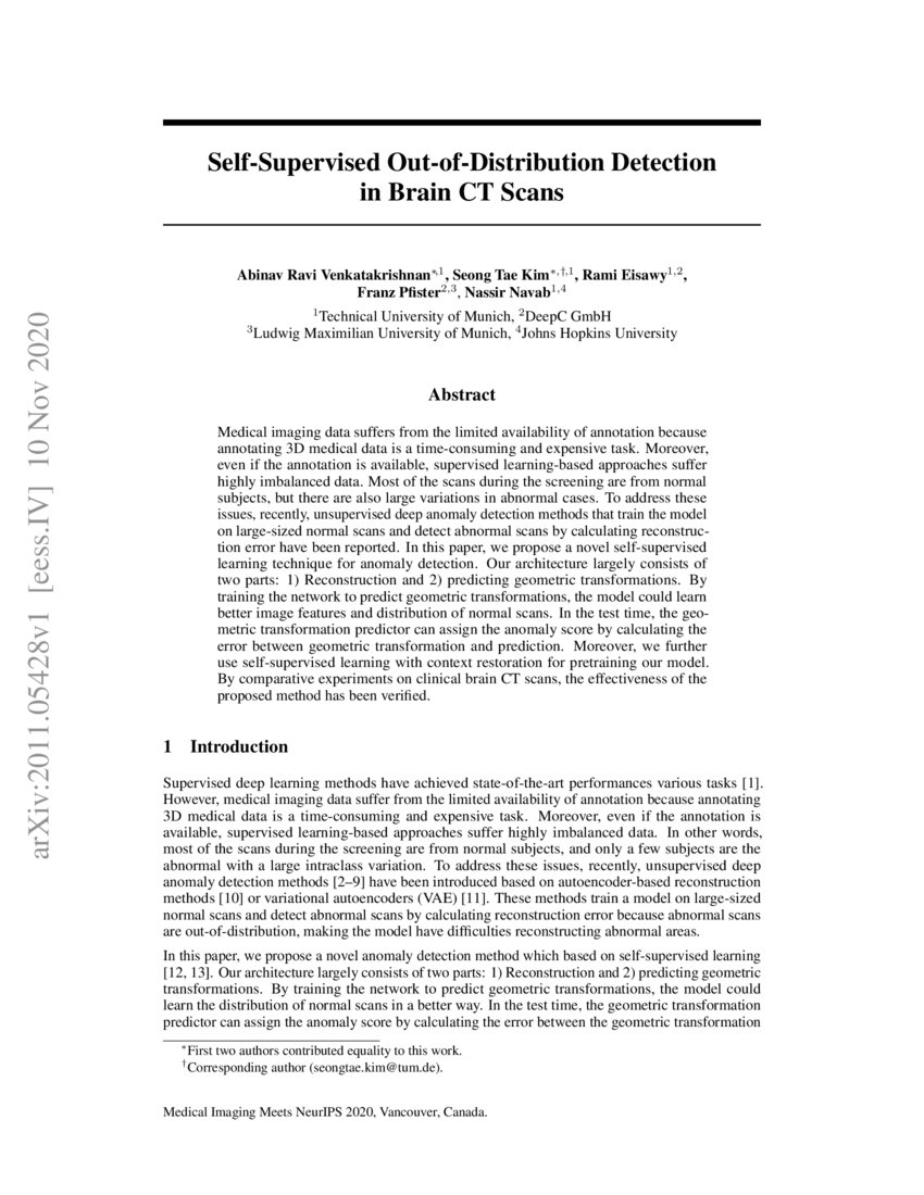 Self Supervised Out Of Distribution Detection In Brain Ct Scans Deepai