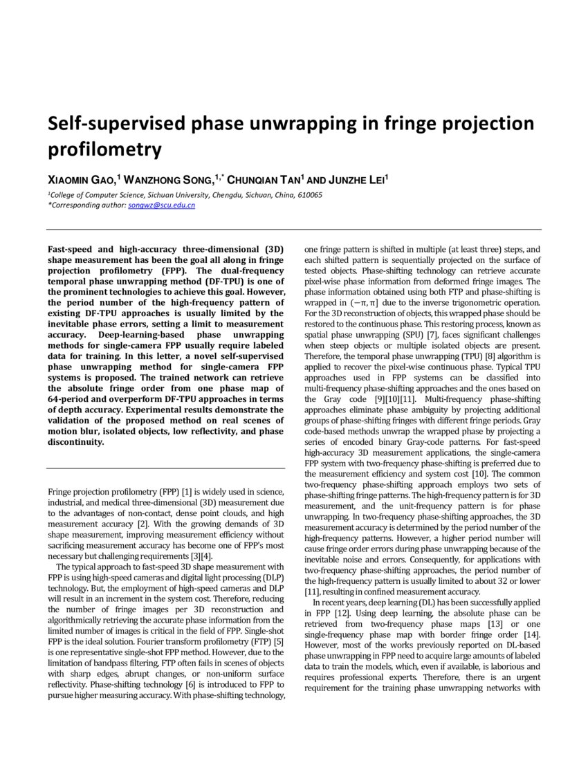 Self Supervised Phase Unwrapping In Fringe Projection Profilometry Deepai