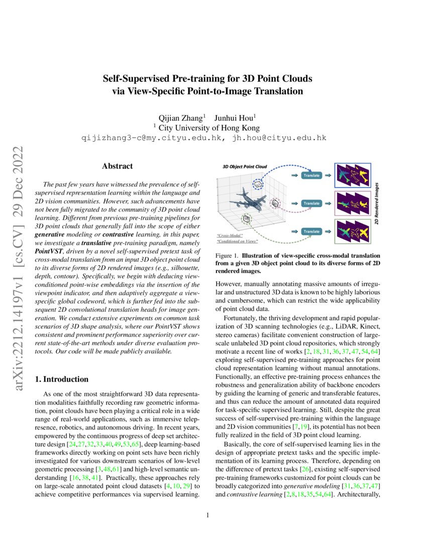 Self-Supervised Pre-training for 3D Point Clouds via View-Specific ... Self-Supervised Pre-training for 3D Point Clouds via View-Specific ...