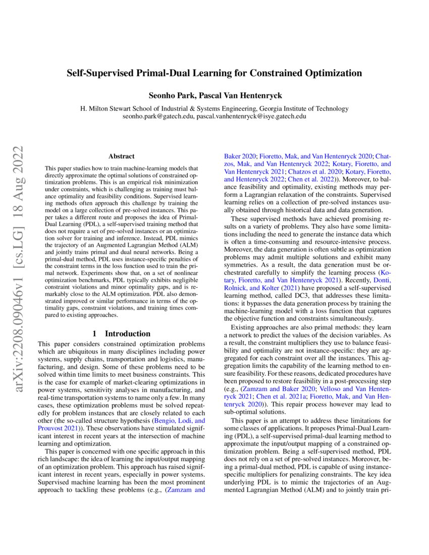Self Supervised Primal Dual Learning For Constrained Optimization Deepai