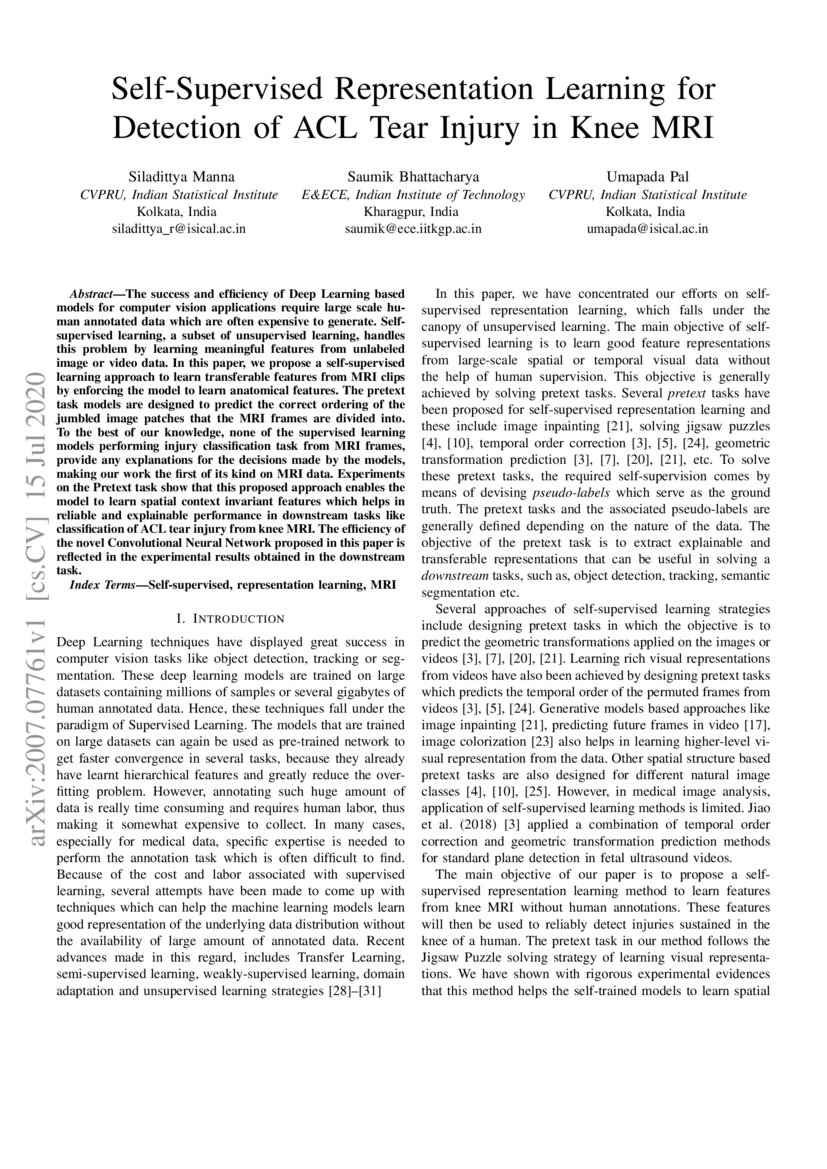 Self-Supervised Representation Learning for Detection of ACL Tear ...