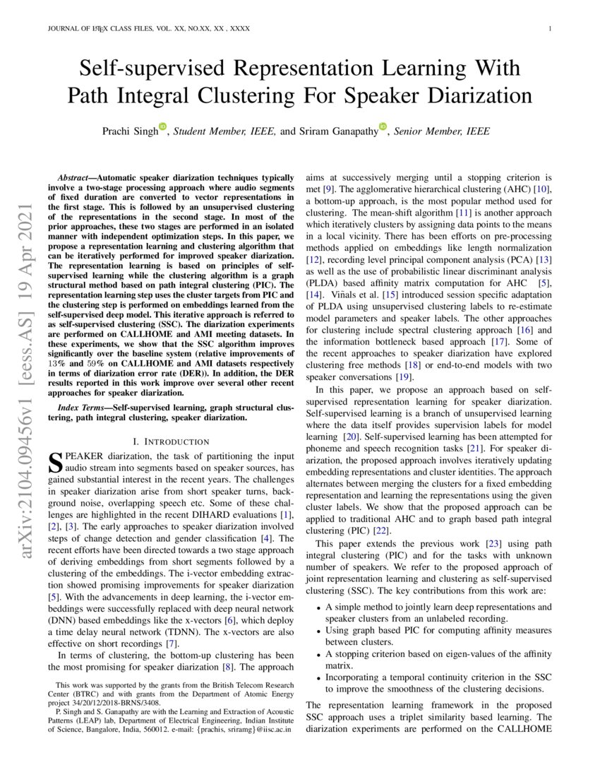 Self Supervised Representation Learning With Path Integral Clustering For Speaker Diarization