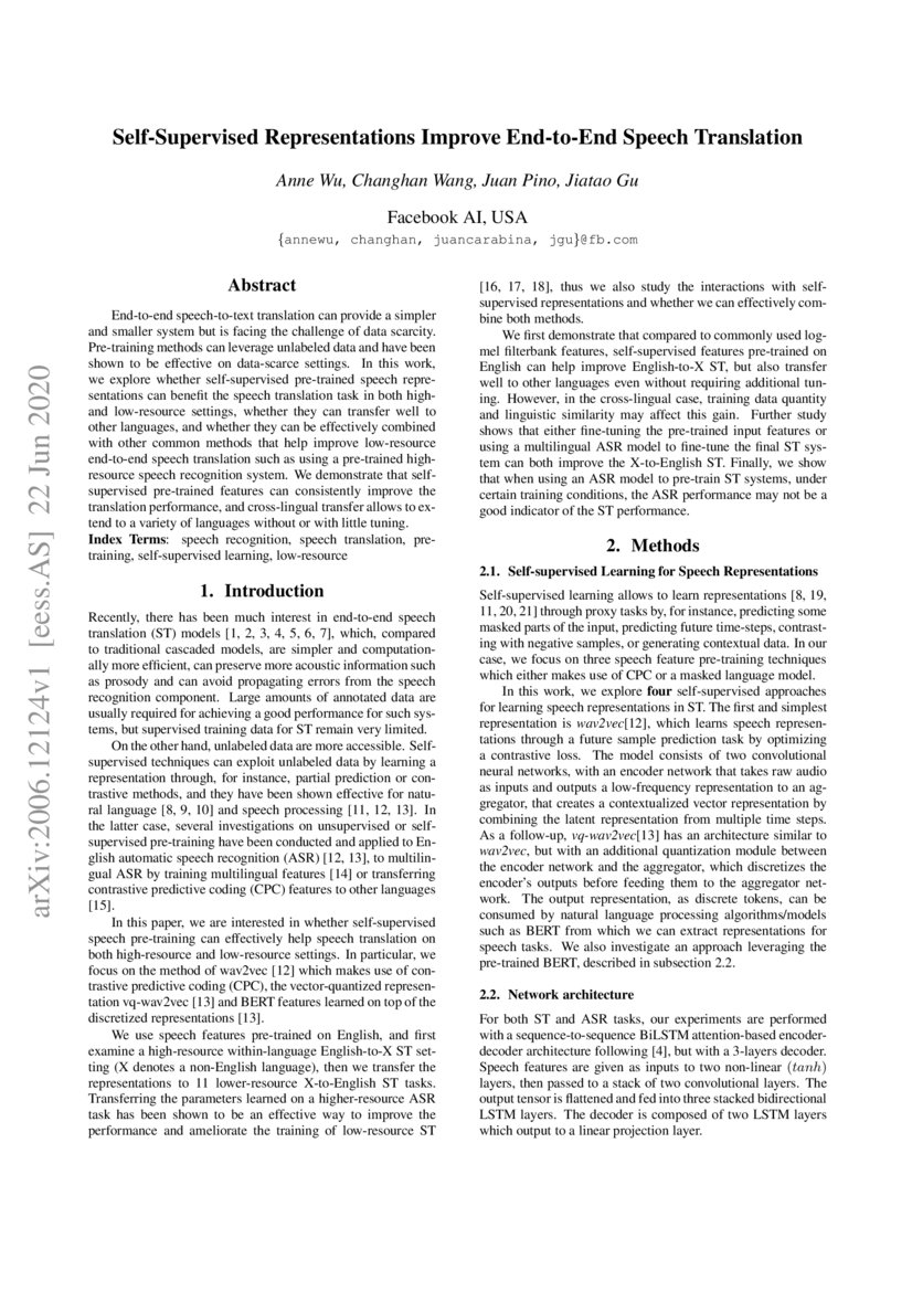 Self-Supervised Representations Improve End-to-End Speech Translation | DeepAI
