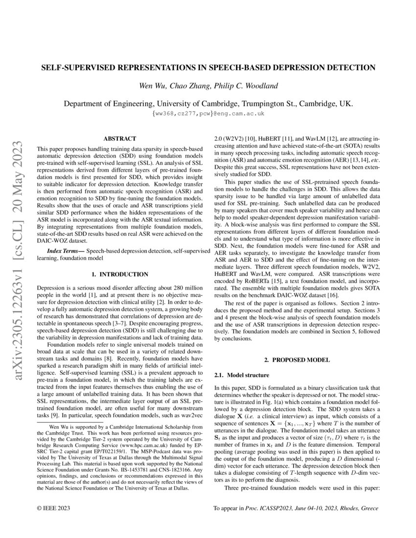 Self Supervised Representations In Speech Based Depression Detection