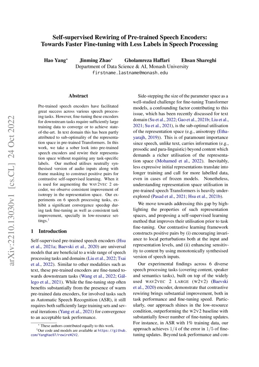 Self Supervised Rewiring Of Pre Trained Speech Encoders Towards Faster Fine Tuning With Less