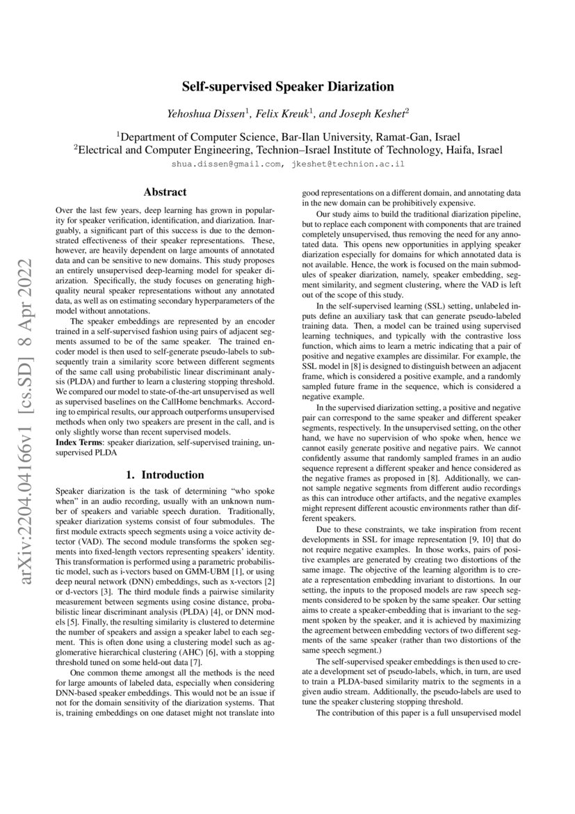 Self-supervised Speaker Diarization | DeepAI