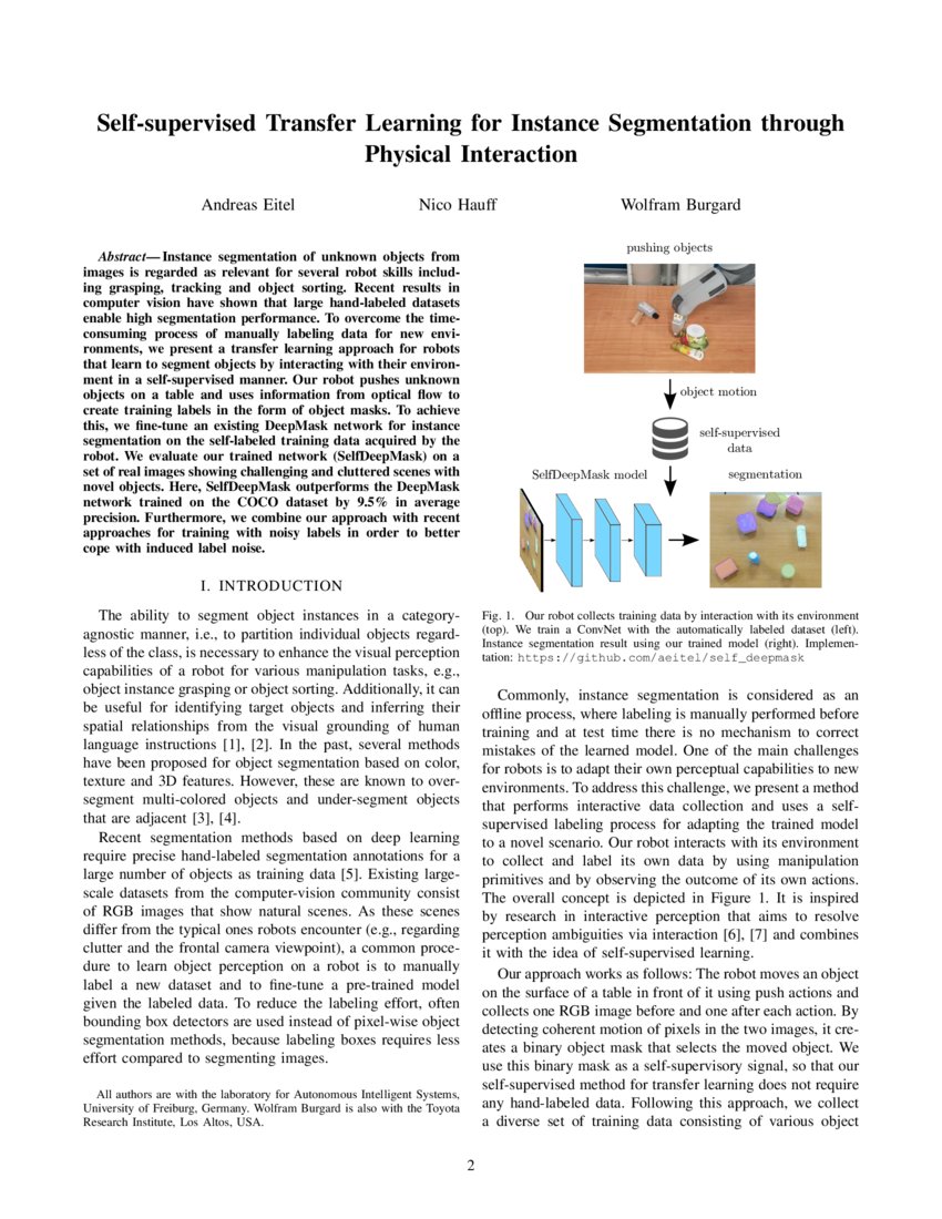 Self-supervised Transfer Learning for Instance Segmentation through Physical Interaction | DeepAI
