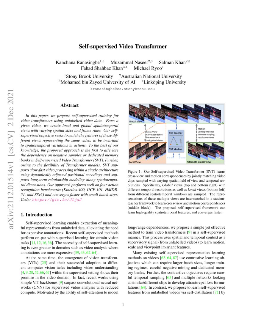 Self-supervised Video Transformer | DeepAI