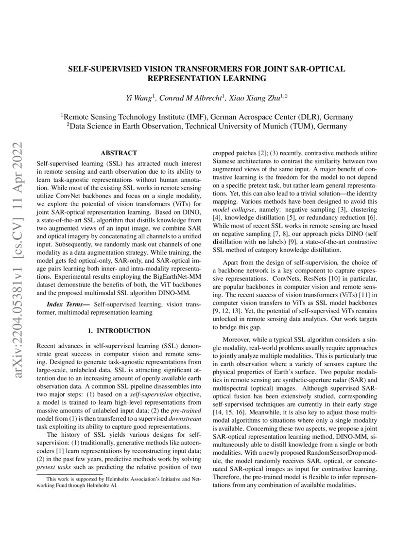 Self Supervised Vision Transformers For Joint Sar Optical Representation Learning Deepai