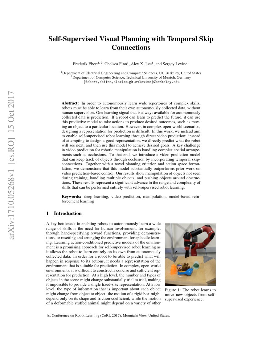Self-Supervised Visual Planning with Temporal Skip Connections | DeepAI