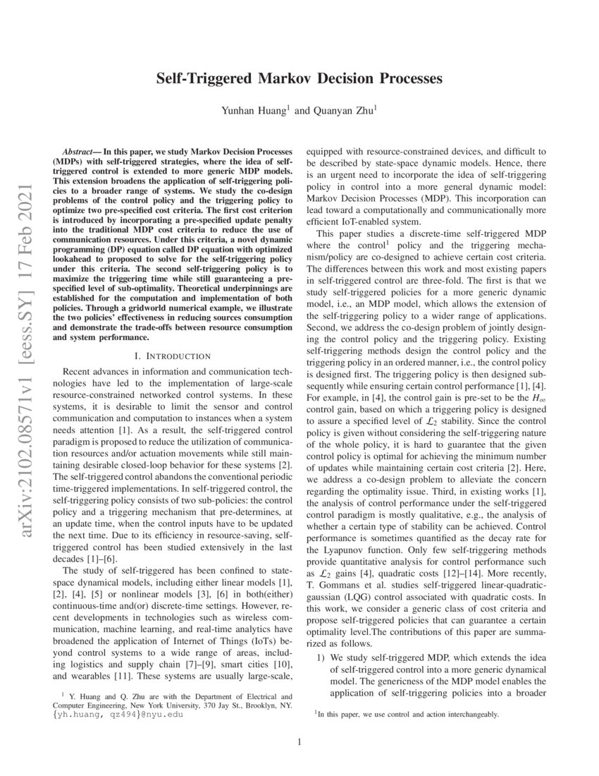 Self-Triggered Markov Decision Processes | DeepAI