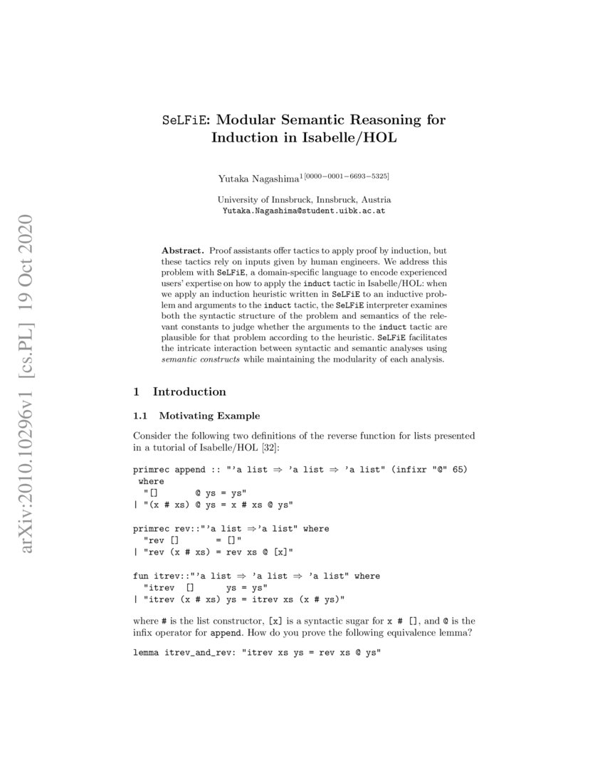 SeLFiE: Modular Semantic Reasoning for Induction in Isabelle/HOL | DeepAI