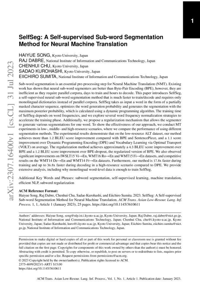 Selfseg A Self Supervised Sub Word Segmentation Method For Neural Machine Translation Deepai 9680