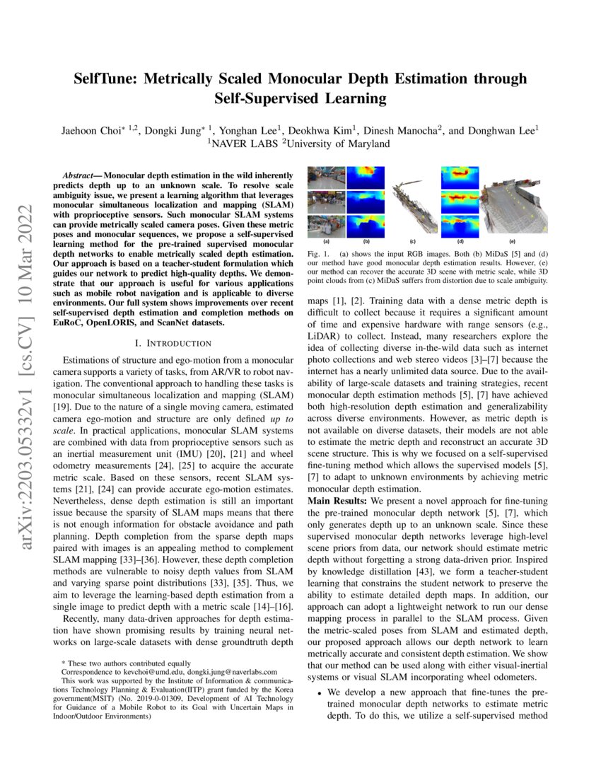 Selftune Metrically Scaled Monocular Depth Estimation Through Self Supervised Learning Deepai