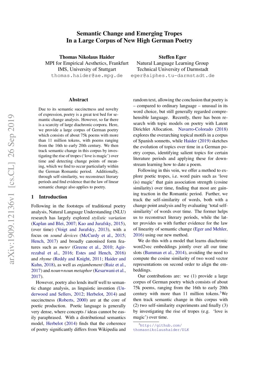 Semantic Change and Emerging Tropes In a Large Corpus of New High German Poetry | DeepAI