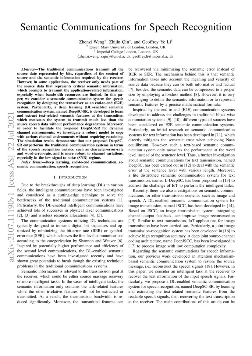 Semantic Communications for Speech Recognition | DeepAI Semantic Communications for Speech Recognition | DeepAI