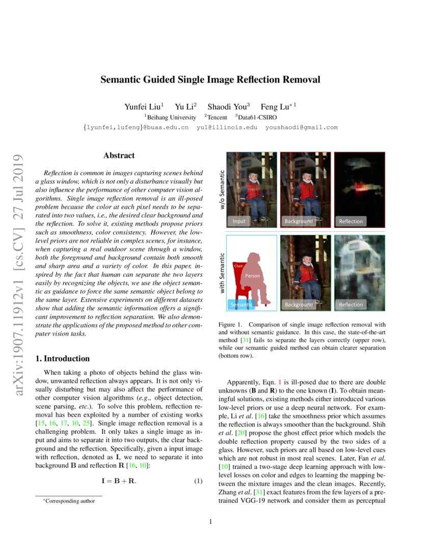 Semantic Guided Single Image Reflection Removal | DeepAI