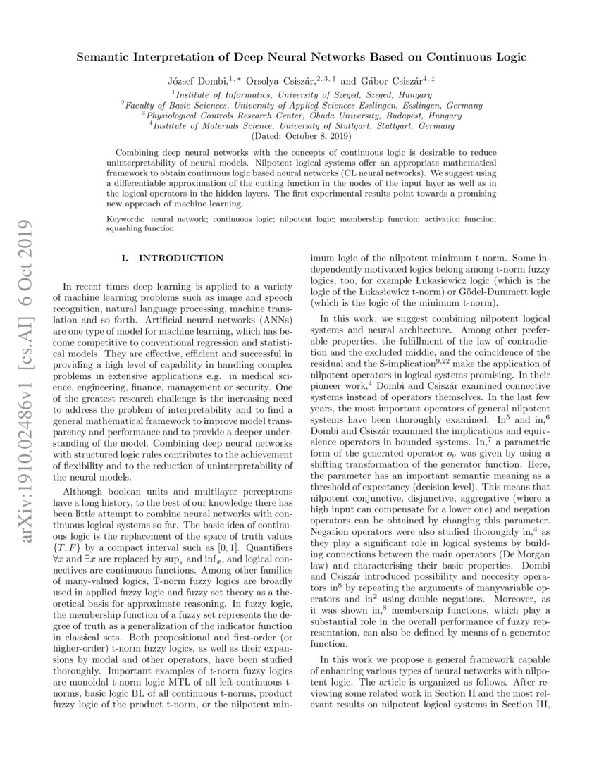 Semantic Interpretation Of Deep Neural Networks Based On Continuous Logic Deepai