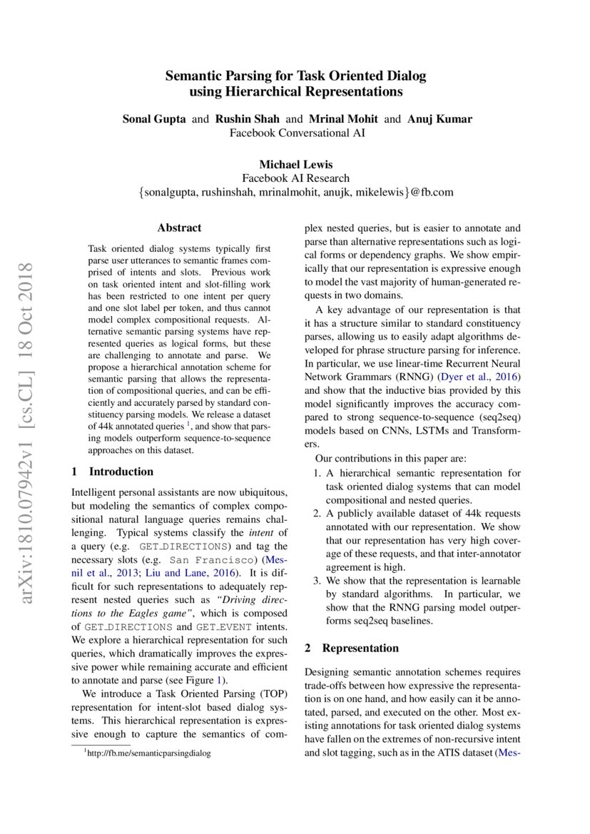 Semantic Parsing For Task Oriented Dialog Using Hierarchical Representations Deepai