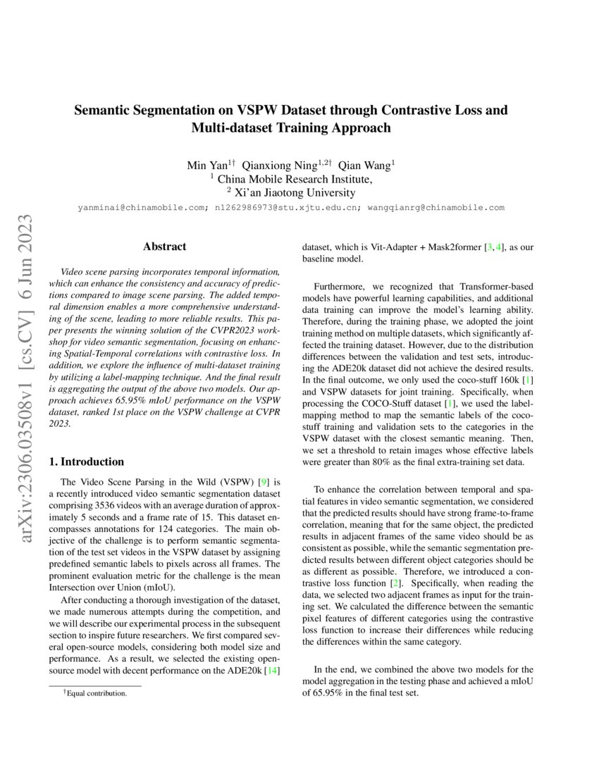 Semantic Segmentation On Vspw Dataset Through Contrastive Loss And