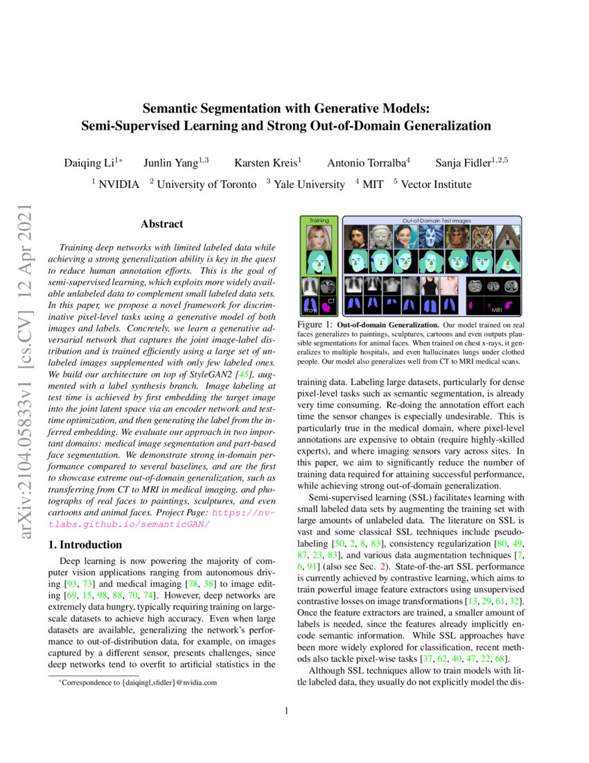 Semantic Segmentation With Generative Models Semi Supervised Learning