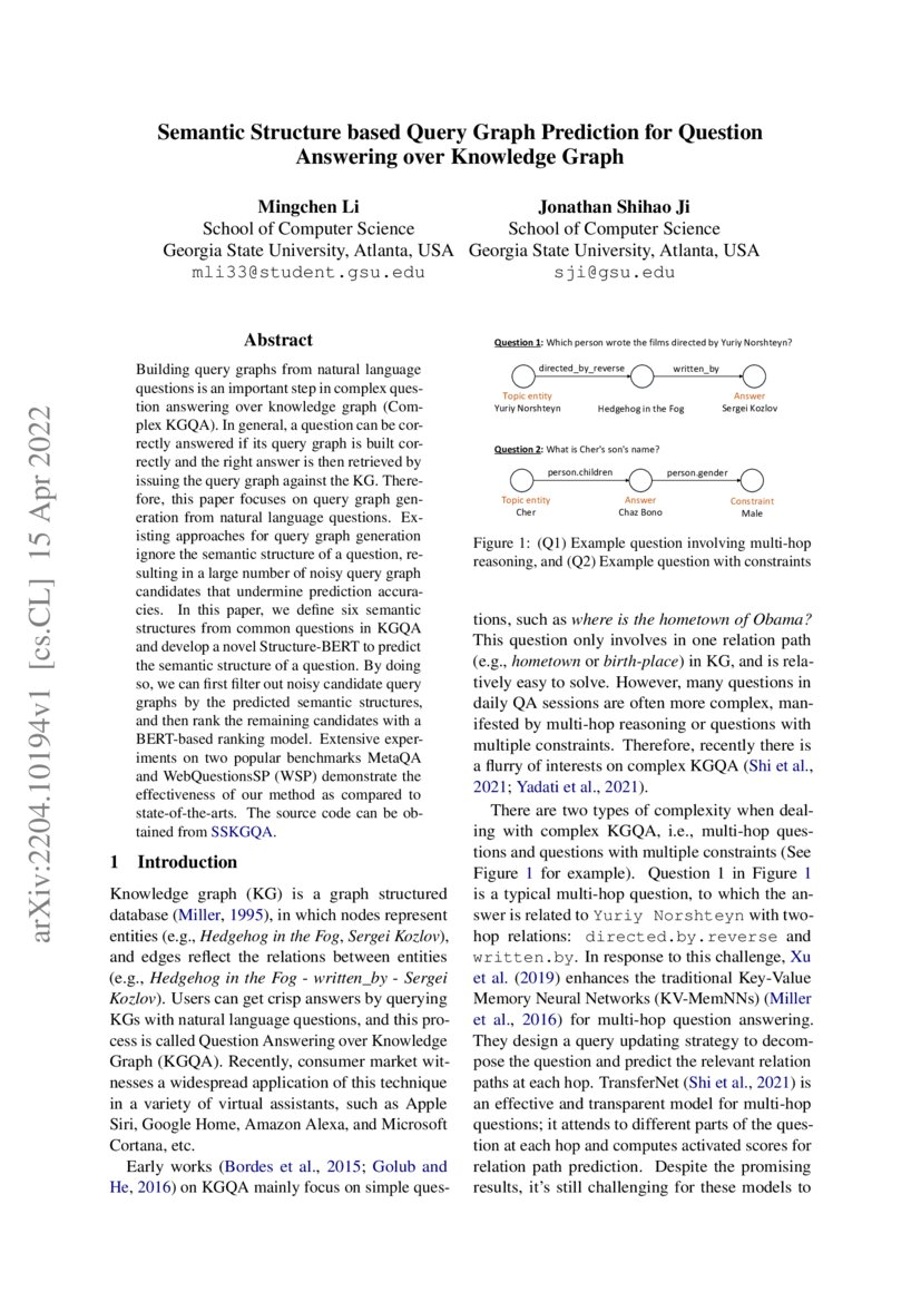 Semantic Structure Based Query Graph Prediction For Question Answering Over Knowledge Graph Deepai