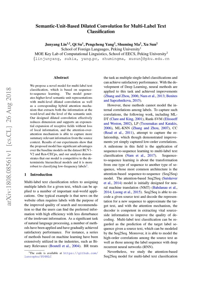 Semantic Unit Based Dilated Convolution For Multi Label Text Classification Deepai