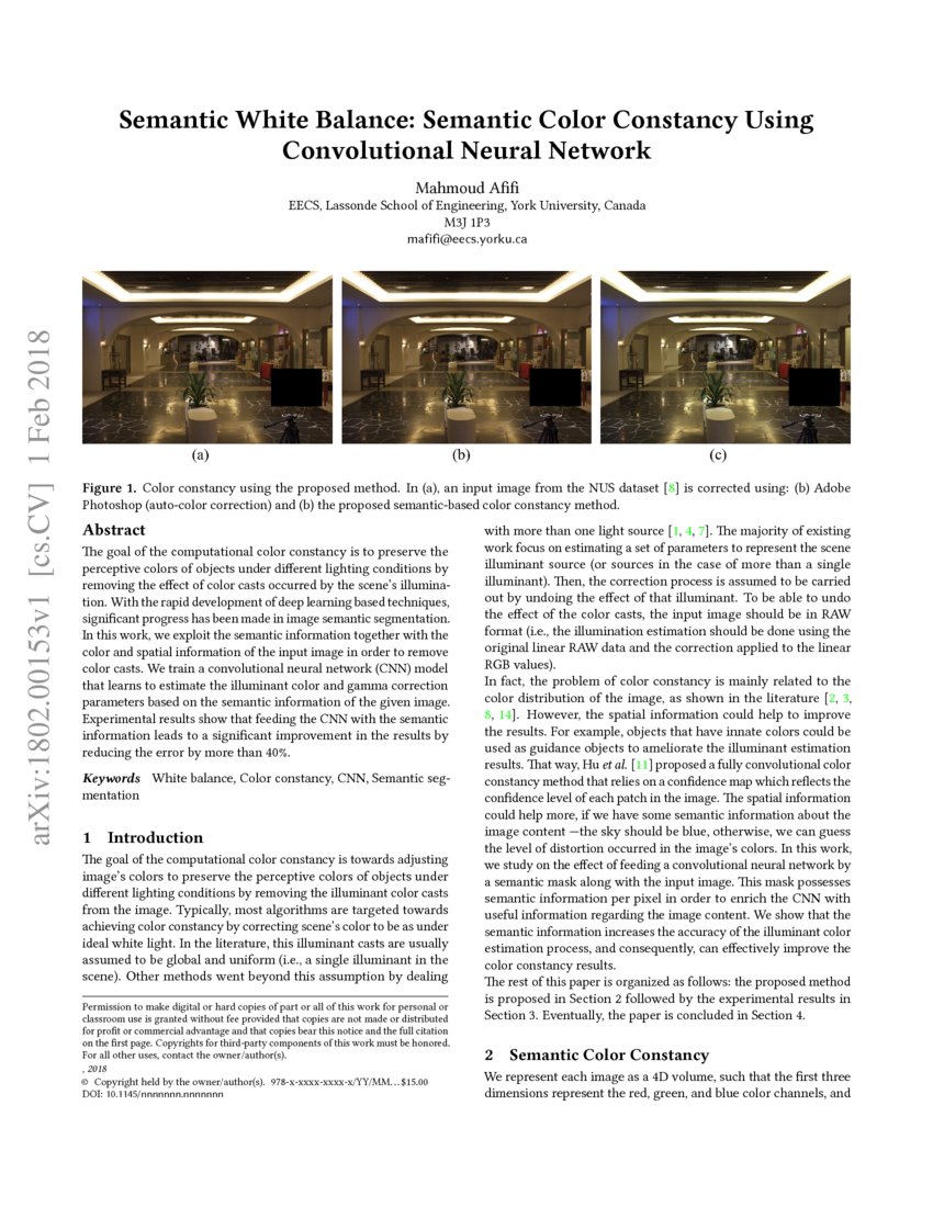 Semantic White Balance: Semantic Color Constancy Using Convolutional Neural Network | DeepAI