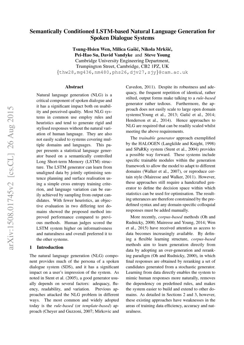 Semantically Conditioned Lstm Based Natural Language Generation For Spoken Dialogue Systems Deepai