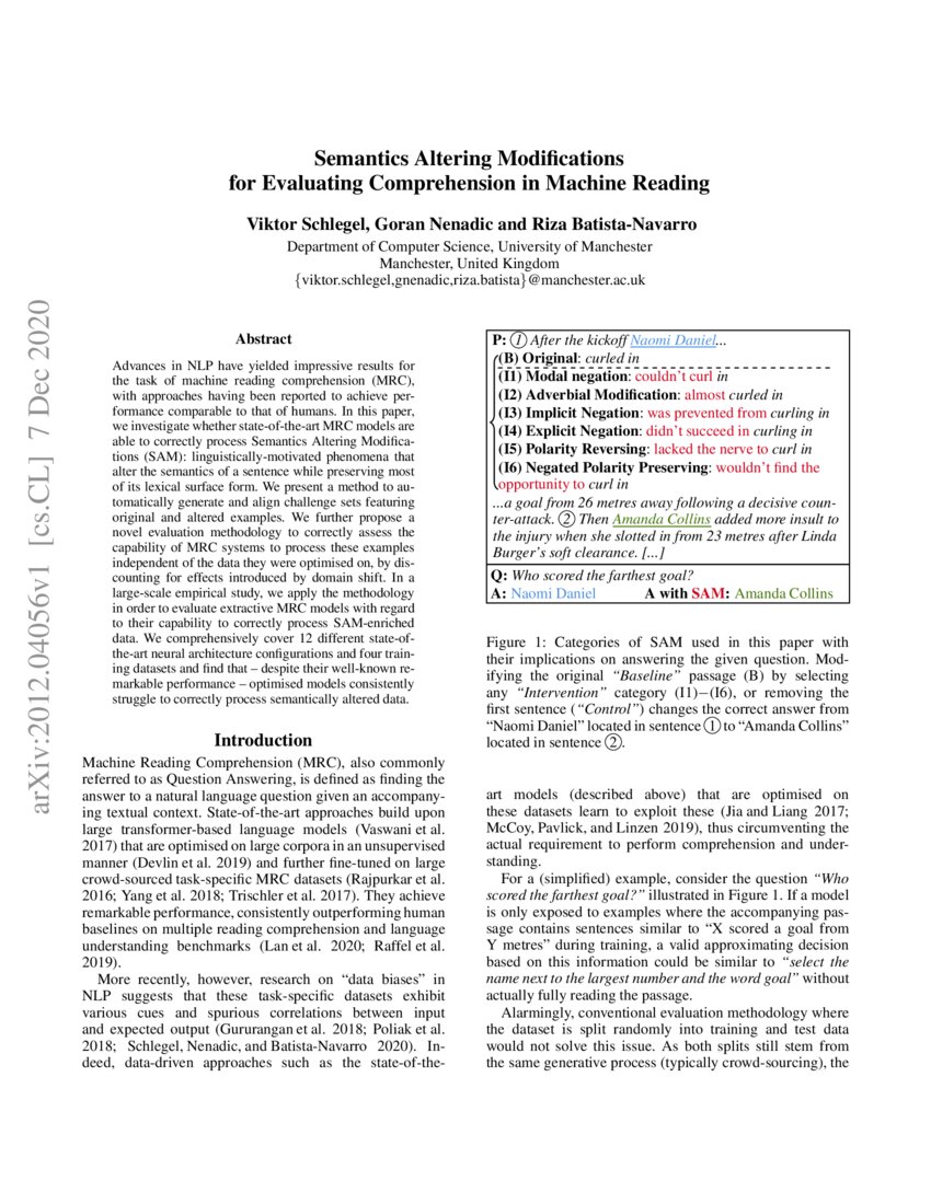 Semantics Altering Modifications For Evaluating Comprehension In Machine Reading Deepai