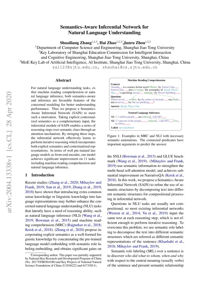 Semantics-Aware Inferential Network for Natural Language Understanding | DeepAI