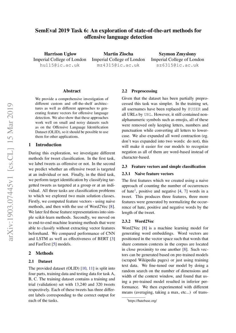 SemEval 2019 Task 6: An exploration of state-of-the-art methods for offensive language detection ...