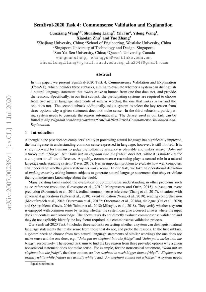 SemEval-2020 Task 4: Commonsense Validation and Explanation | DeepAI