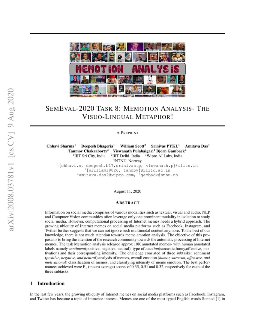 SemEval-2020 Task 8: Memotion Analysis – The Visuo-Lingual Metaphor! | DeepAI