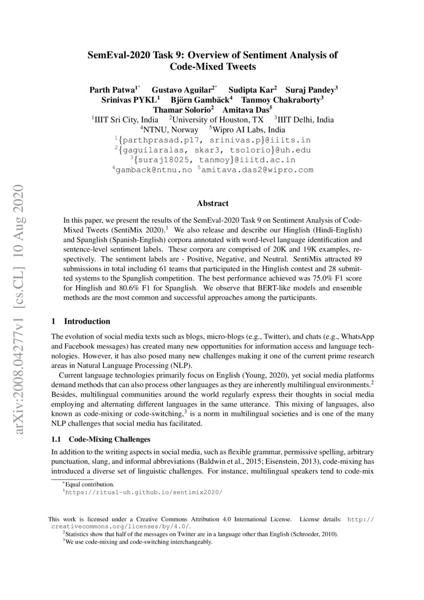 Semeval 2020 Task 9 Overview Of Sentiment Analysis Of Code Mixed