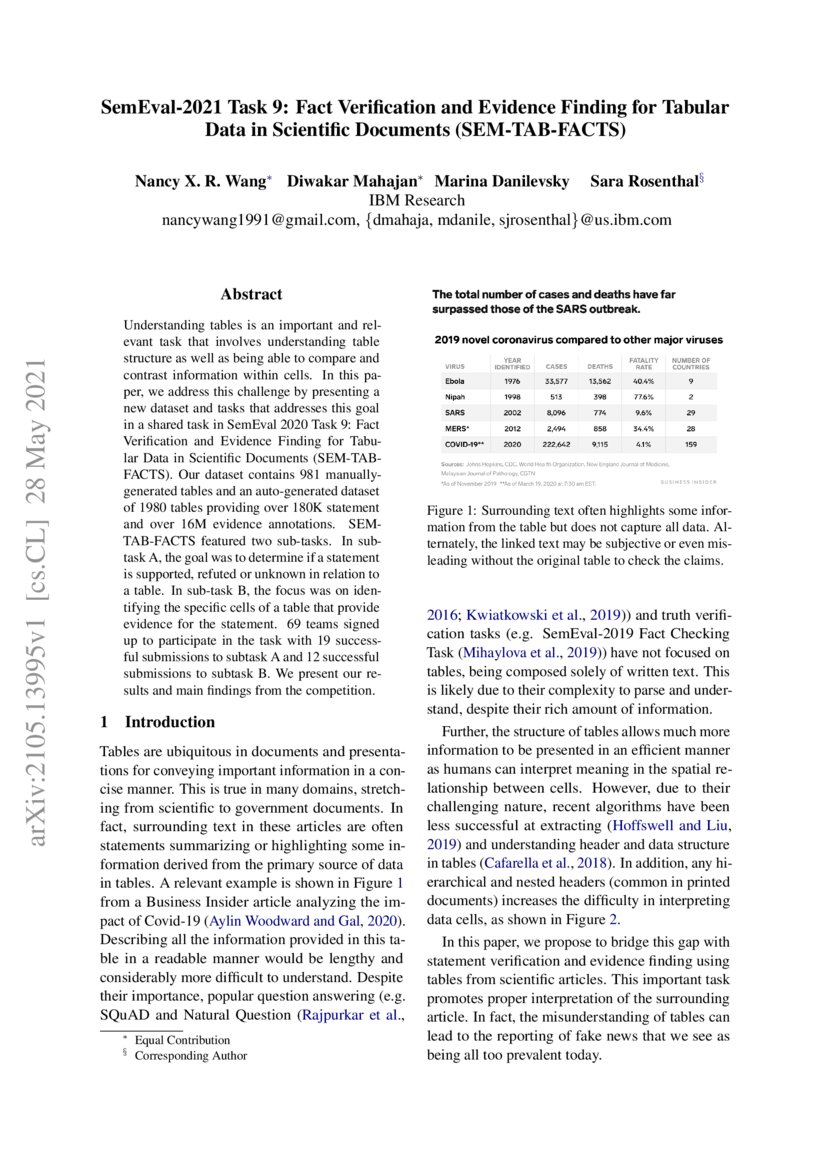 SemEval-2021 Task 9: Fact Verification and Evidence Finding for Tabular ...