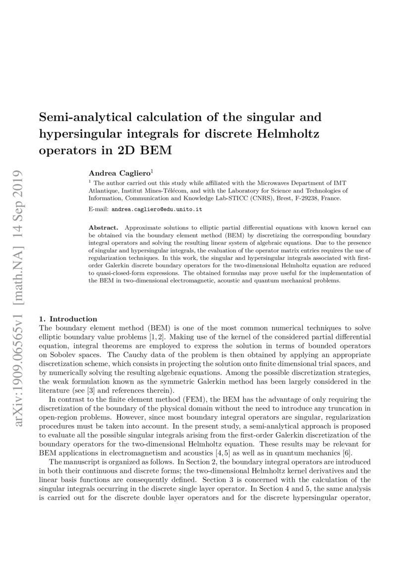 Semi-analytical calculation of the singular and hypersingular integrals for discrete Helmholtz ...