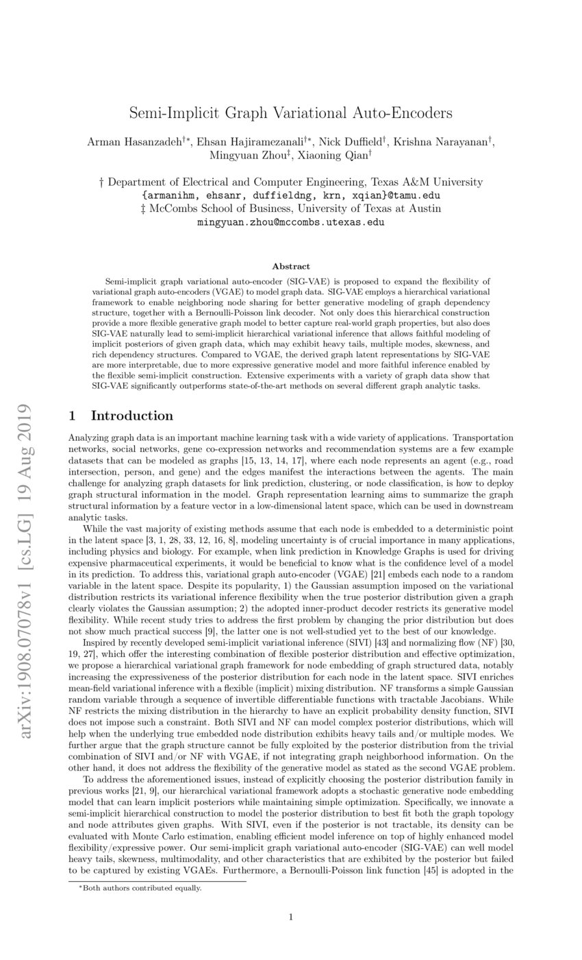 Semi Implicit Graph Variational Auto Encoders Deepai 