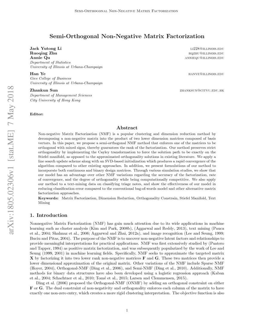 Semi-Orthogonal Non-Negative Matrix Factorization | DeepAI Semi-Orthogonal Non-Negative Matrix Factorization | DeepAI