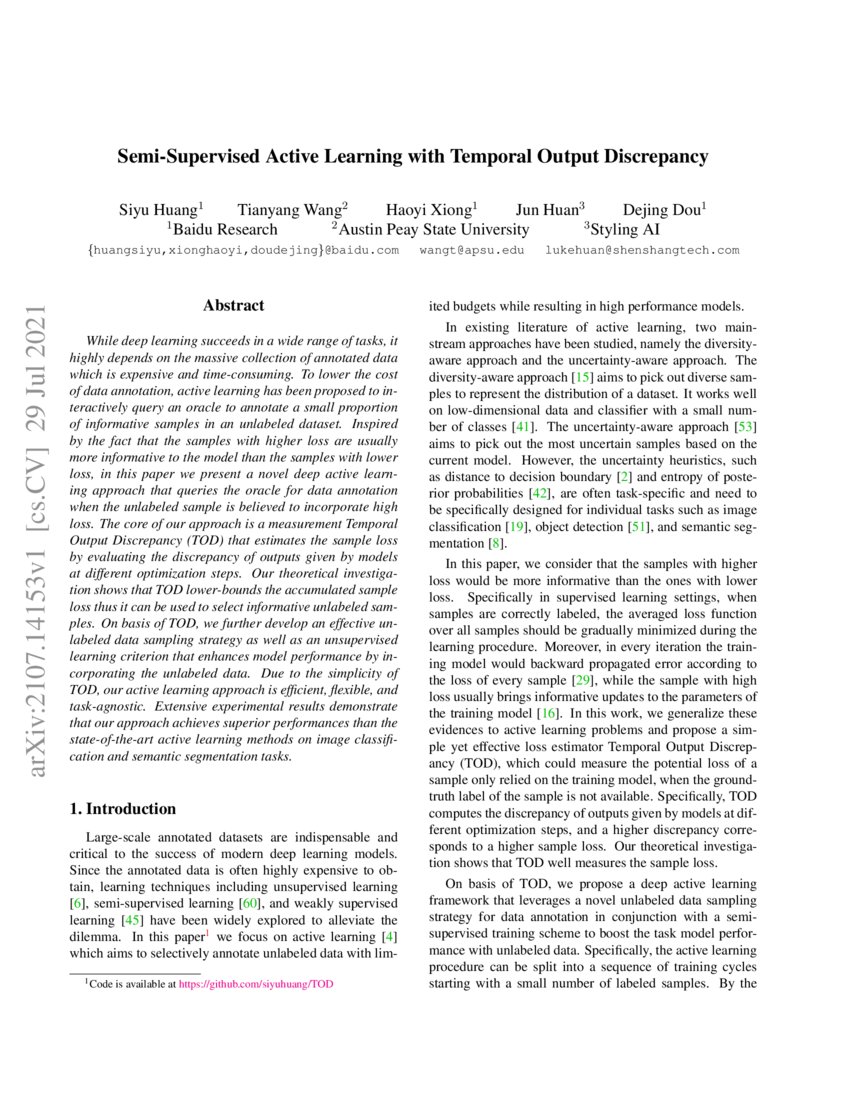 Semi-Supervised Active Learning with Temporal Output Discrepancy | DeepAI