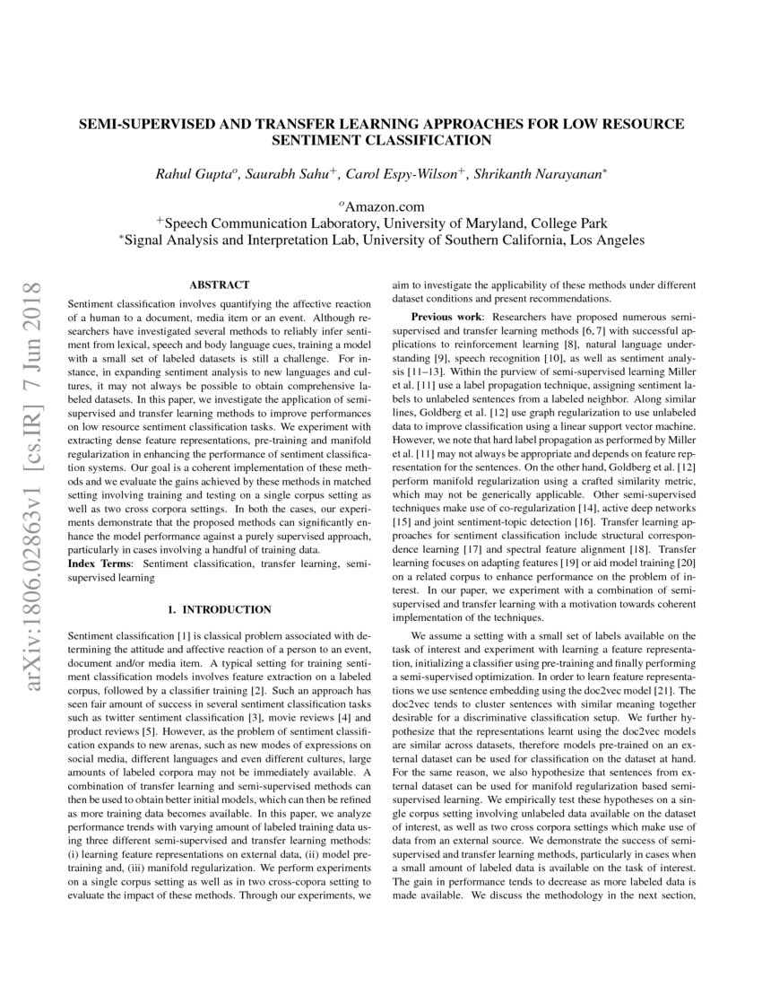 Semi Supervised And Transfer Learning Approaches For Low Resource Sentiment Classification Deepai
