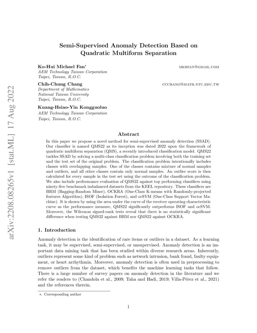Semi-Supervised Anomaly Detection Based on Quadratic Multiform ... Semi-Supervised Anomaly Detection Based on Quadratic Multiform ...