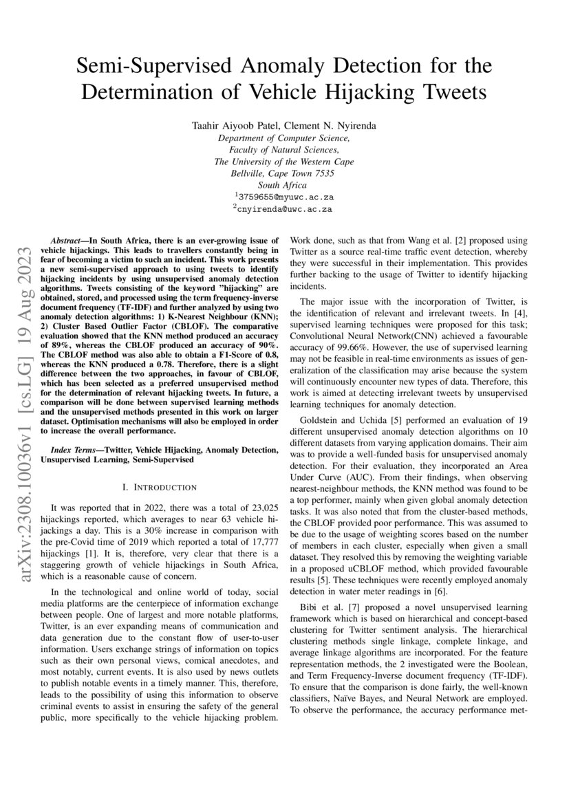 Semi Supervised Anomaly Detection For The Determination Of Vehicle Hijacking Tweets Deepai