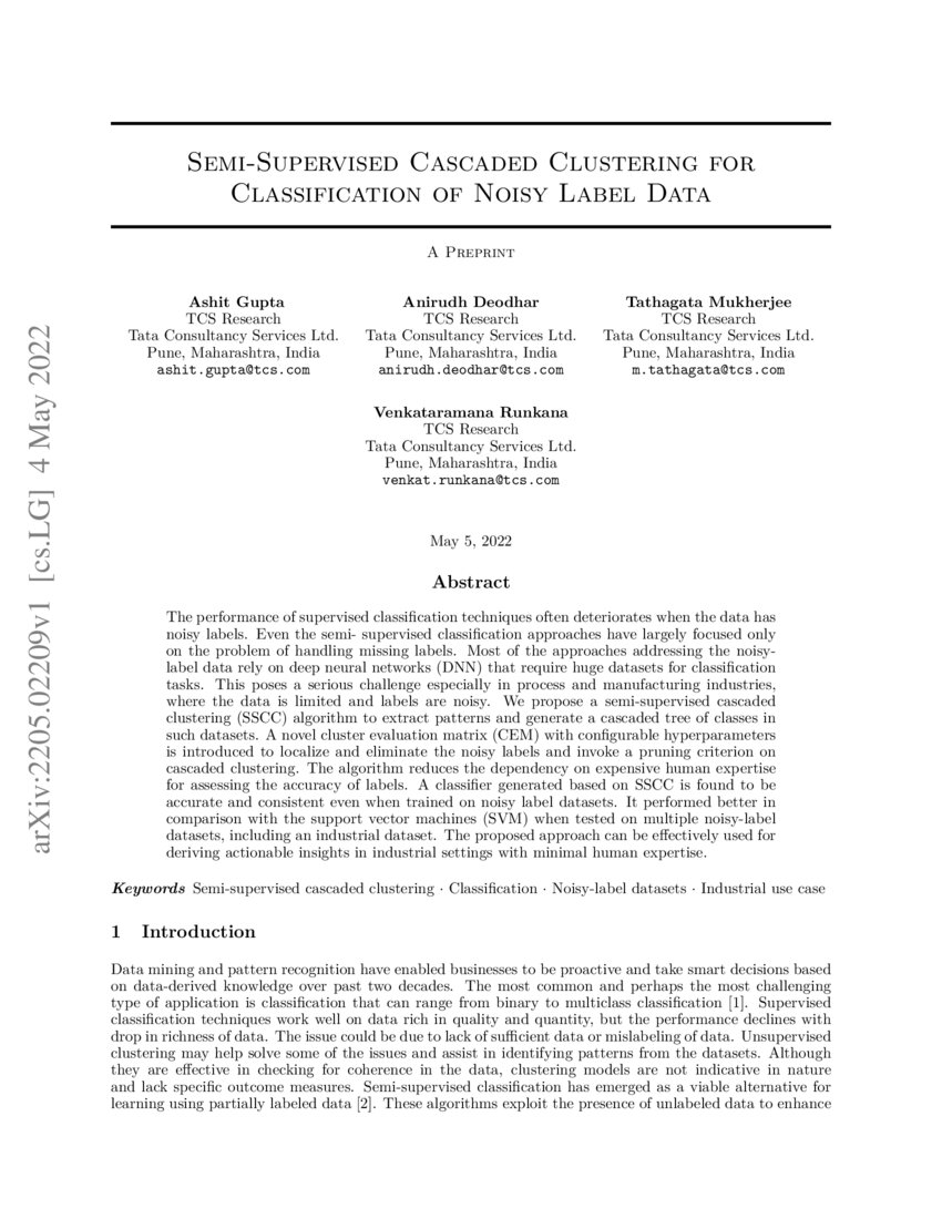 Semi-Supervised Cascaded Clustering for Classification of Noisy Label Data | DeepAI
