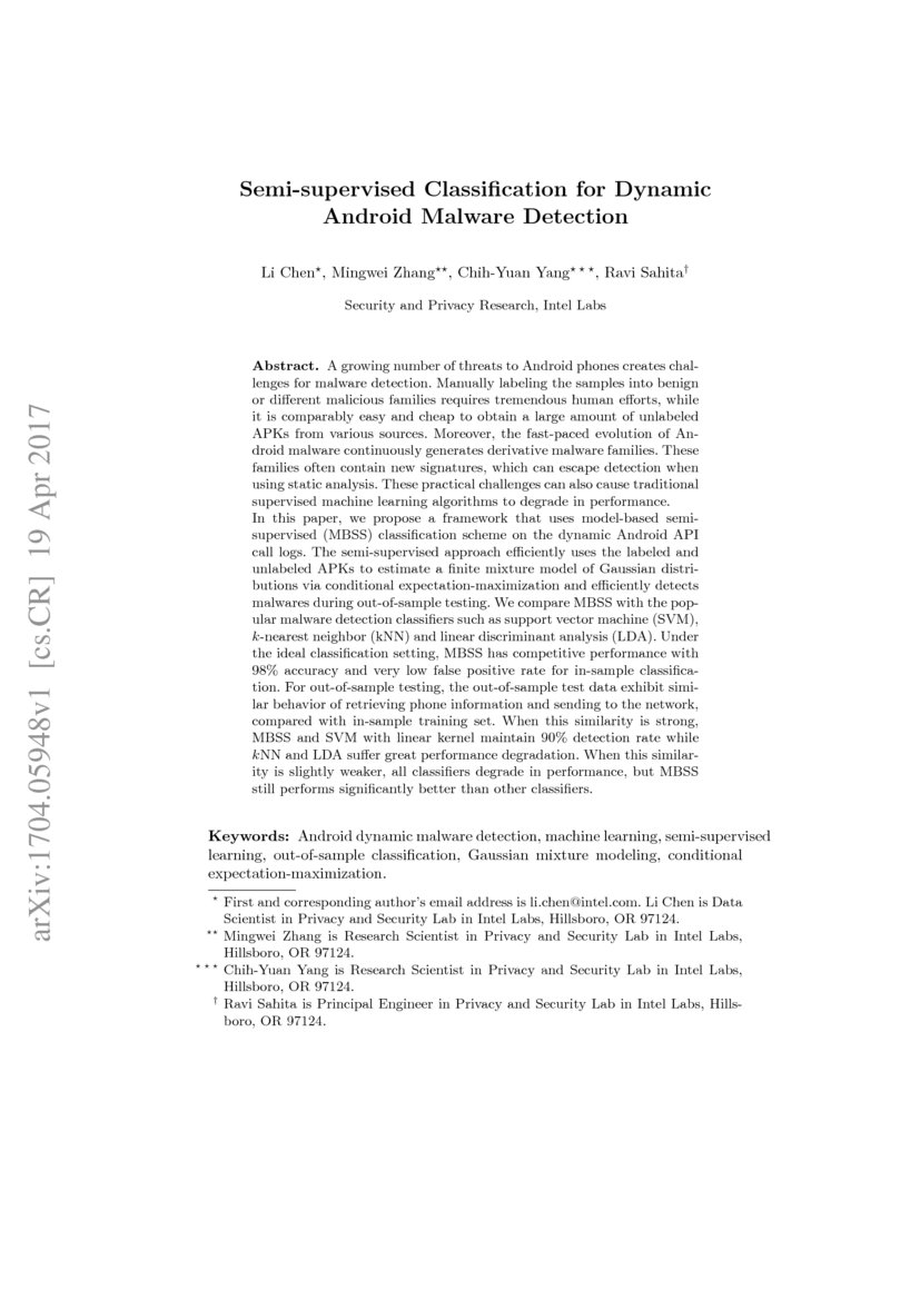 Semi-supervised classification for dynamic Android malware detection | DeepAI