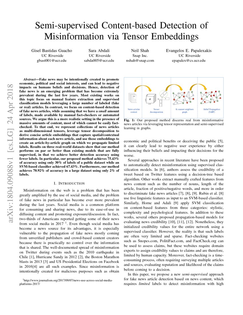Semi-supervised Content-based Detection of Misinformation via Tensor Embeddings | DeepAI