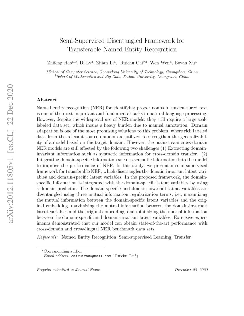 Semi-Supervised Disentangled Framework for Transferable Named Entity Recognition | DeepAI