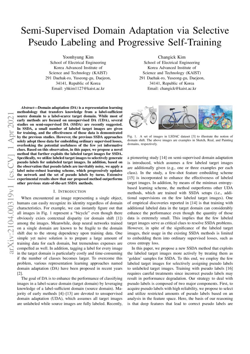 Semi Supervised Domain Adaptation Via Selective Pseudo Labeling And