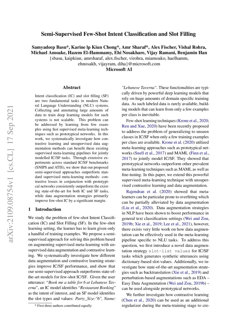 Semi-Supervised Few-Shot Intent Classification and Slot Filling | DeepAI Semi-Supervised Few-Shot Intent Classification and Slot Filling | DeepAI
